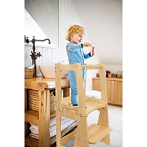 QLFJ-FurDec Kids Kitchen Step Stool with Safety Rail, 2 in 1 Convertible Wooden Toddler Learning Stool Helper Standing Tower for Kitchen Counter, Bathroom, Toilet(Natural)