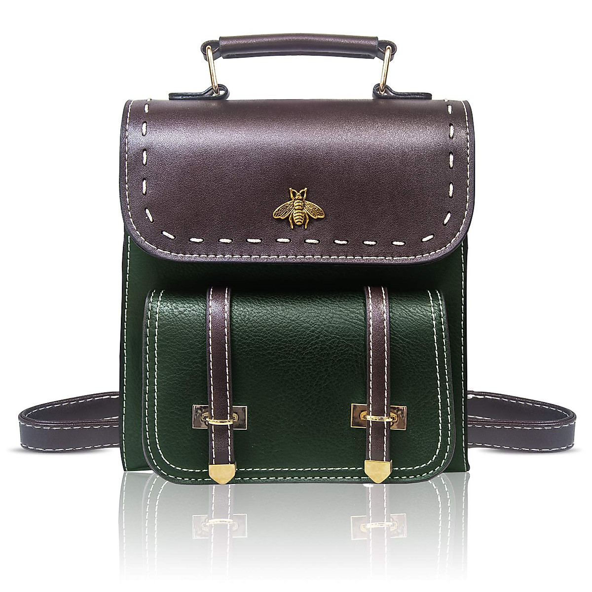 Little Bee Mini Backpack Women's Faux Leather Backpack Convertible Purse Stylish Crossbodybag (Green)