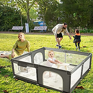 DUDUGWA Baby Playpen, Baby Playard, Large Playpen for Babies and Toddlers with Soft Visiable Mesh, Indoor & Outdoor Kids Activity Play Center with Anti-Slip Suckers and Zipper Gate, Grey, 78.7×71×26in