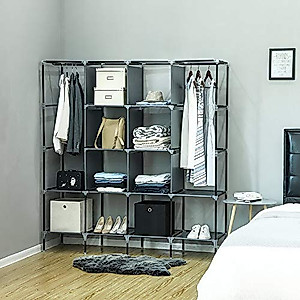 Knocbel 67" Tall Freestanding Closet Organzier Clothes Garment Rack Dustproof & Waterproof Fabric Cover with Storage Shelves 2 Hanging Rods & 4 Side Pockets (Gray)