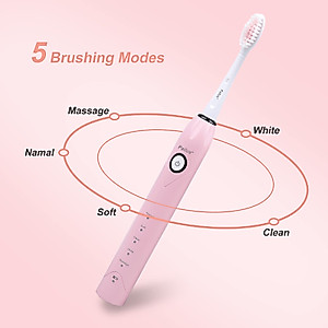 Pallus Electric Toothbrush, Sonic Toothbrush for Adults with 5 Dupont Bursh Heads, Ultra Cleaning with 37,000 VPM 5 Modes 2 Hours Charging for 30 Days Use,Pink Rechargeable Power Toothbrush