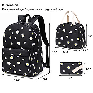 Mimfutu School Backpack for Teen Girls, 3-in-1 Kids Backpack Bookbag Set School Bags with Lunch Box Pencil Case (Flowers Black)