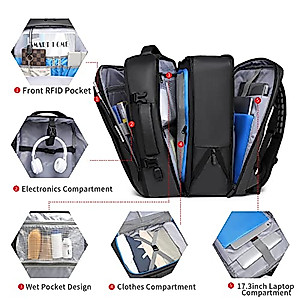 AI EN JIU Travel Backpack for Men Women, 50L Expandable Carry On Backpack Flight Approved 17.3 inch Laptop Backpack, Waterproof Business Luggage Traveling Backpack with 3 Mesh Bags & 1 Shoe Bag, Black