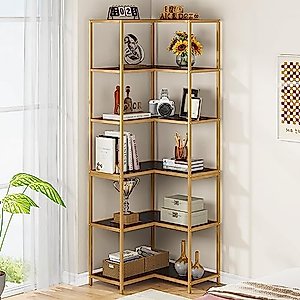Tribesigns 6-Tier Corner Bookshelf, 70.9" Tall Modern L-Shaped Bookcase, Large Etagere Stand Storage Display Rack with Gold Metal Frame & Black Faux Marble Top for Living Room, Bedroom and Home Office