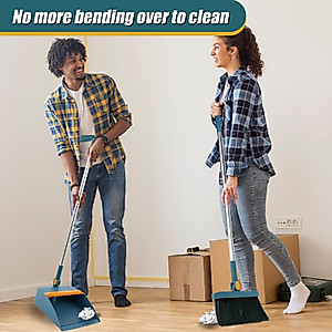 Broom and Dustpan Set for Home, 180° Rotating Broom Combo, Foldable Floor Sweeping Set with Long Handle, Stand Dustpan and Broom Combo with Comb Teeth for Office Kitchen Lobby Floor Cleaning (Blue)