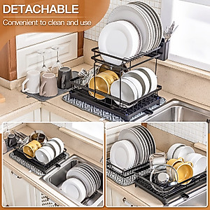 T.R.Sani. Dish Drying Rack with Multi-Functional Drying Mats, Two Tiers Large Storage Dish Rack for Kitchen Counter, Black