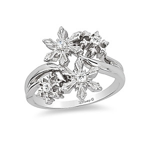 Jewelili Enchanted Disney Fine Jewelry Sterling Silver With 1/10 Cttw Diamonds Elsa Snowflake Ring, Size 5
