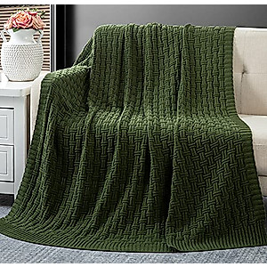 RUDONG M Forest Green Cotton Cable Knit Throw Blanket, Cozy Warm Knitted Couch Cover Blankets, 50 x 60 Inch