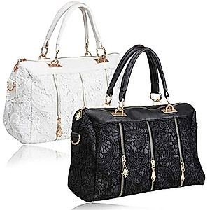 Women Tote Purse Leather Lace Design Vintage Shoulder Bag Top Handle Satchel Large Capacity Black