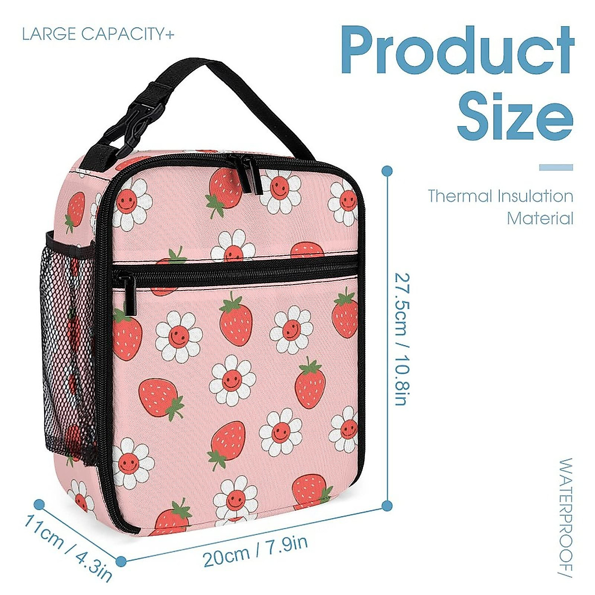 MINBHEBYUD Retro Pink Daisy Strawberry Fruit Lunch Bag for Men Women Adults, Insulated Lunch Bags for Office Work, Reusable Portable Lunch Bag