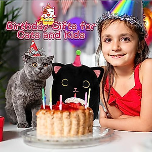 KOPHINYE Black Cat Plush, 8 inch Birthday Cat Stuffed Animal Happy Birthday Plush Cute Cat Plush Pillow with Cake, Kawaii Cat Plushie Birthday Plush for Girls, Boys and Cats