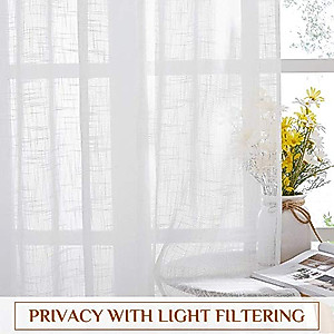 NICETOWN White Sheer Linen Curtains for Living Room, Rod Pocket & Back Tab Sweep to Floor Window Treatments Semi Sheer Drapes Privacy for Patio Door/Hall, 2 Panels, W52 x L95