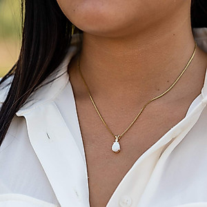 PEORA 14K Yellow Gold Created White Opal with Genuine Diamond Pendant for Women, Elegant Teardrop Solitaire, 1 Carat Pear Shape, 10x7mm