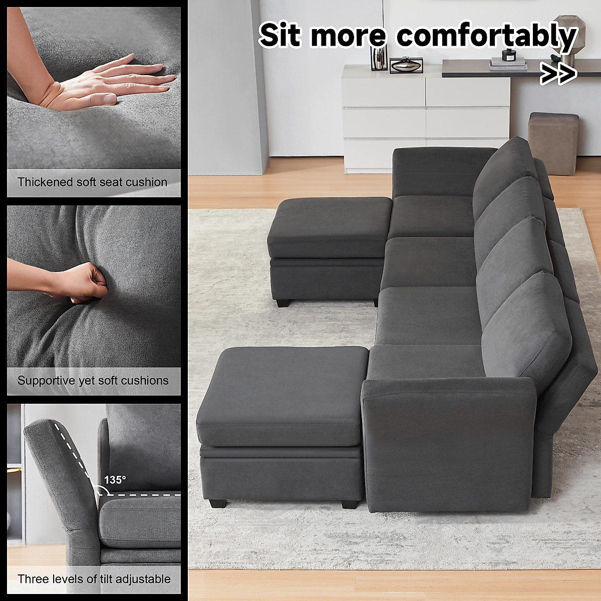 WETRUE Modular Sectional Sofa, Convertible U Shaped Sofa Couch with Storage, High Supportive & Soft Sponges, 6 Seat Modular Sectionals Sofa Couch with Chaise for Living Room, Dark Grey