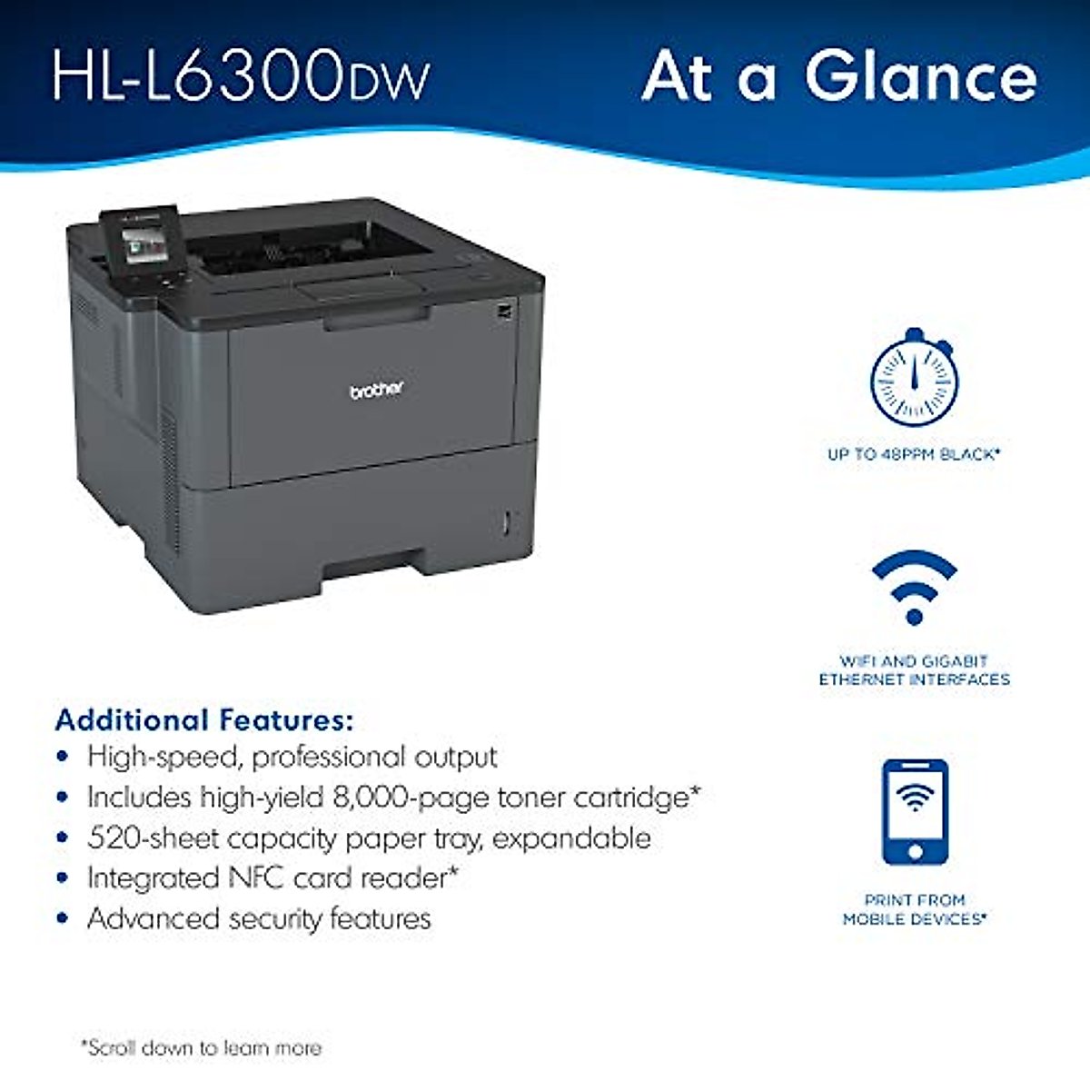 Brother Monochrome Laser Printer, HL-L6300DW, Wireless Networking, Mobile Printing, Duplex Printing, Large Paper Capacity, Cloud Printing, Amazon Dash Replenishment Ready