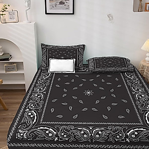 THYUNQ Black Bandana Sheets Full Size Bed, Paisley Pattern Bedding Sheets & Pillowcases - 16 Inch Deep Pocket, Soft Microfiber Sheet Set 4 Piece, Bandana Bedroom & Room Decor