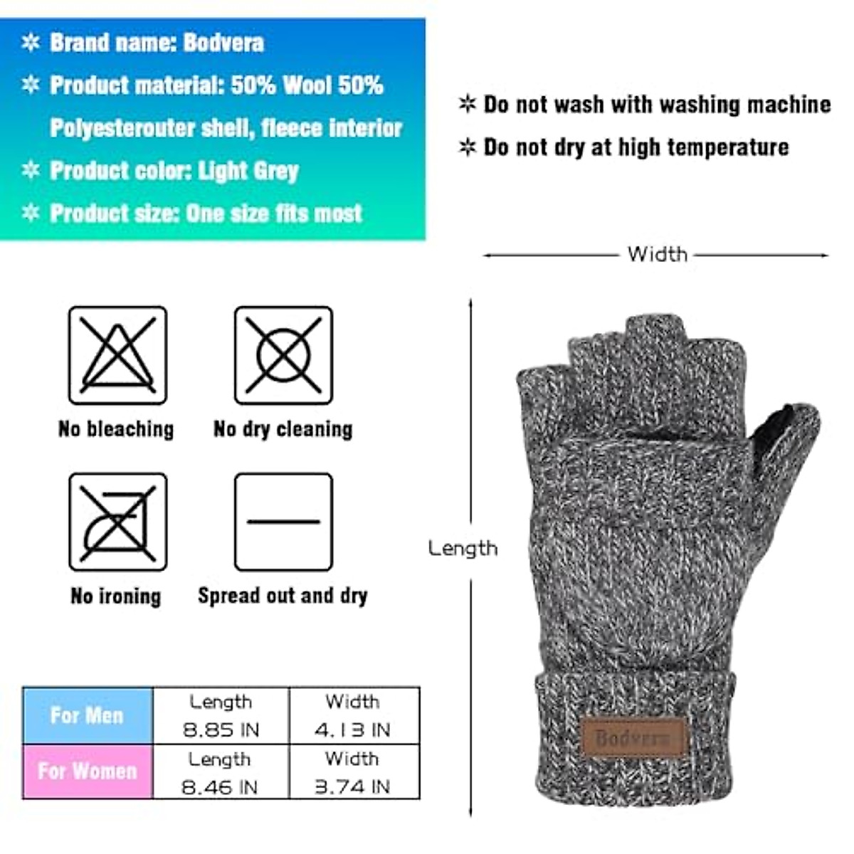 Bodvera Thermal Insulation Fingerless Texting Wool Gloves for Women and Men Winter Warm Knitted Convertible Mittens Flap