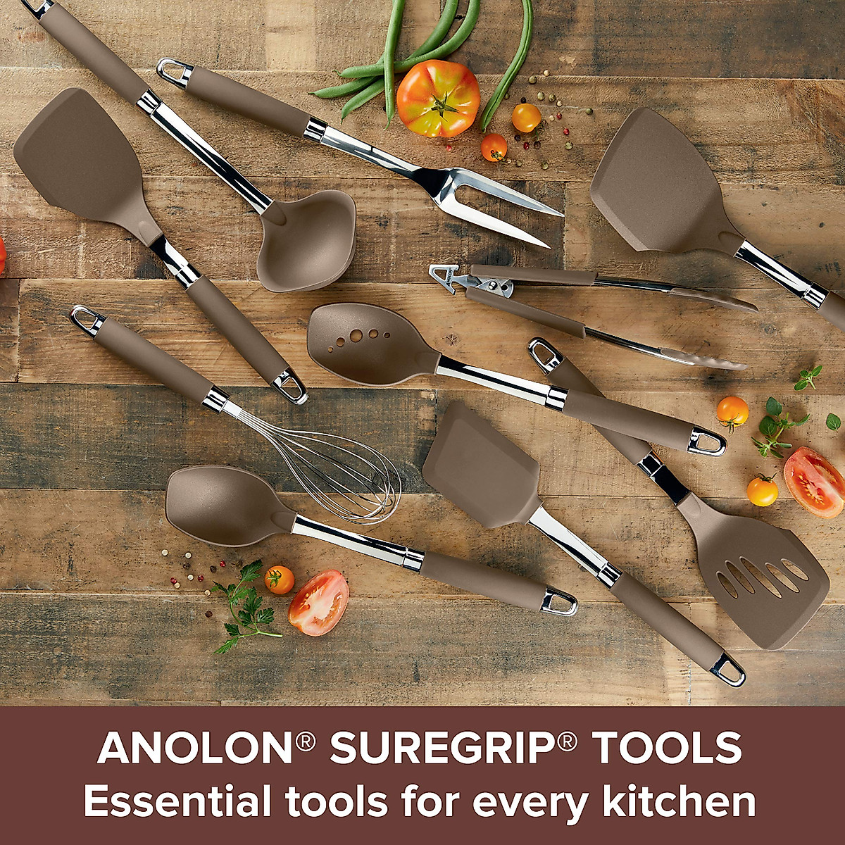 Anolon Tools Set/Nonstick Nylon Cooking Utensils/Kitchen Gadgets Includes Spoons, Turners, Ladle, Meat Fork, Whisk, and Locking Tongs, 10 Piece, Bronze