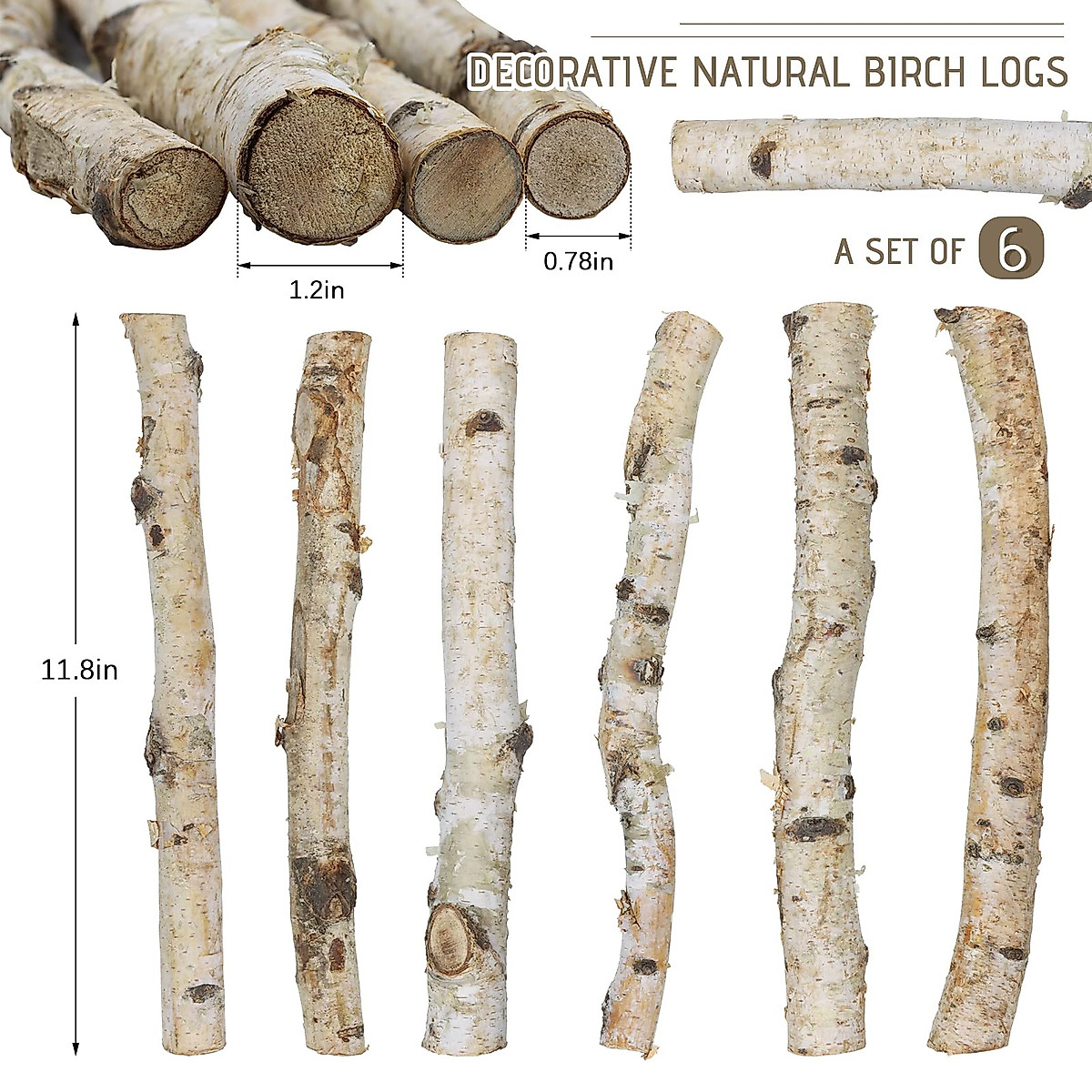 Uplama 6Pack Small Birch Logs for Fireplace Unfinished Wood Crafts DIY Home Decorative Burning,Fireplace Log Set (0.78''-1.18'' Dia. x 12" Long)