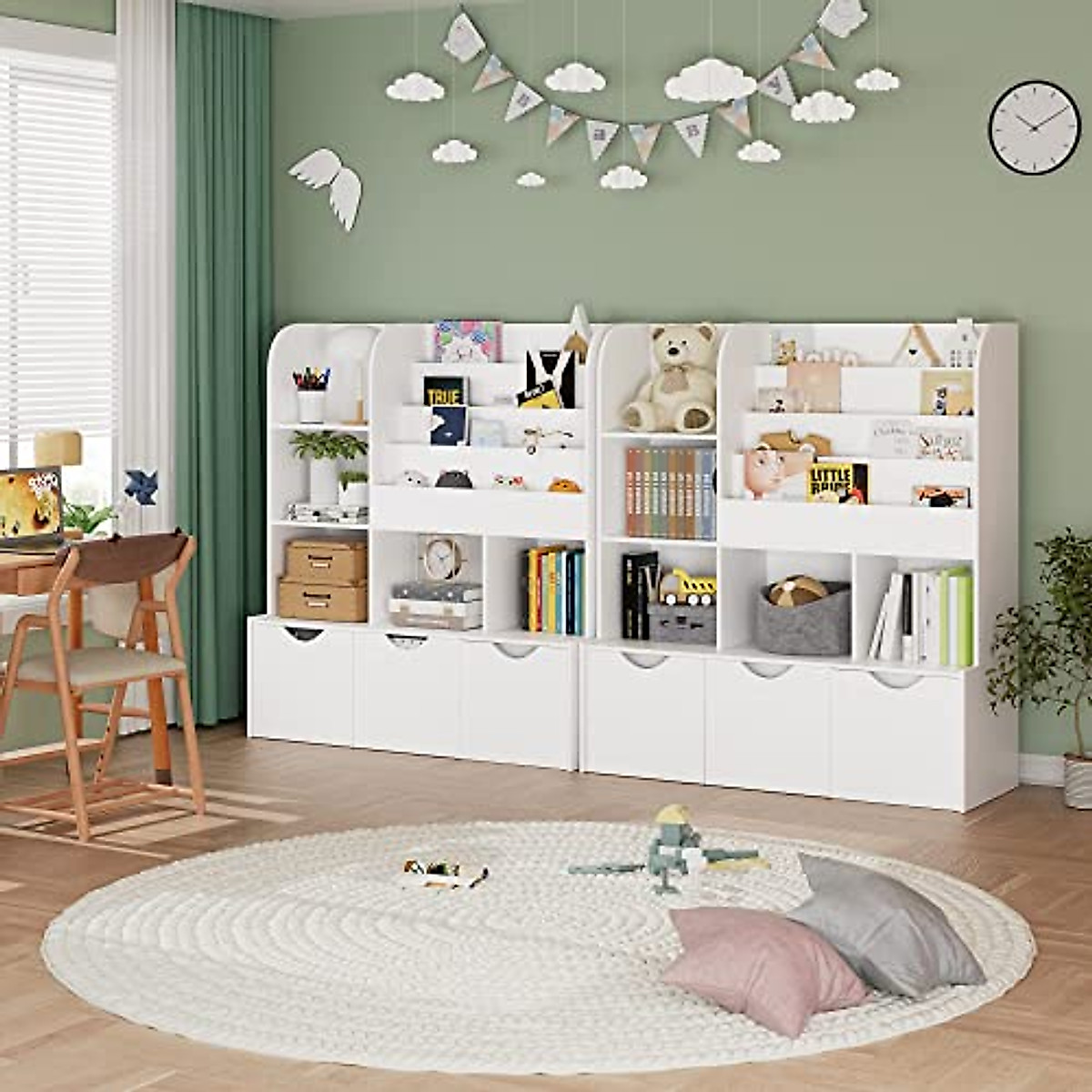 FOTOSOK 47'' Kids Bookcase and Bookshelf, Multifunctional Bookcase with 5 Storage Cubbies and 3 Movable Drawers, Bookcase Display Stand, Toy Storage Organizer for Bedroom, Playroom, Hallway, White
