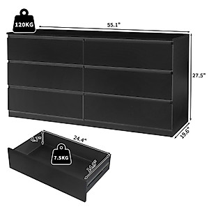 Karl home 6 Drawer Double Dresser for Bedroom, Wood Dresser with Deep Drawers, Long Dresser with Cut-Out Handles, 55" Wooden Dresser with Large Storage, Dresser Chest of Drawers, Black