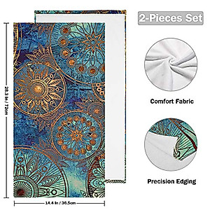Oyihfvs Damask with Circles Flowers in Blue, Orange and Gold 2 Pieces Face Towel, Highly Absorbent Cotton Dish Hand Towels, Soft Washcloth for Spa Bathroom Hotel Kitchen Beach Gym Yoga
