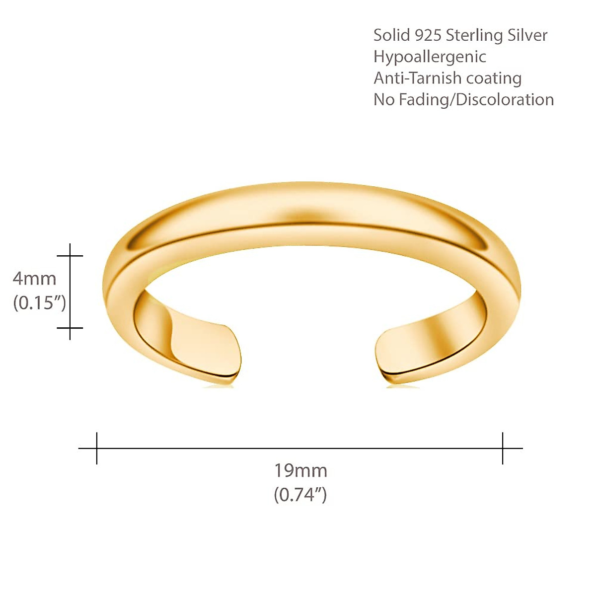 Hoops & Loops Yellow Gold Flashed Sterling Silver High Polished Plain Simple Toe Ring