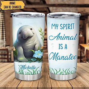 Hyturtle Personalized Gifts Manatee Lover - My Spirit Animal Is A Manatee Custom Name Stainless Steel Tumbler 20 oz With Lid - Idea Cute Sea Animal Lover Gifts For Women, Girl On Birthday, Christmas