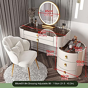 Makeup Vanity Desk with Lighted Mirror and Glass Top, Stylish Large Vanity Table Set with Drawers, Side Cabinet & Chair, 3 Lighting Colors, Perfect for Your Glamorous Beauty Routine