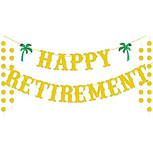 Beach Retirement Party Decorations, Gold Glitter Happy Retirement Banner & Circle Dots Garland, Beach Theme Going Away Farewell Party Decorations, Summer Beach Theme Retired Banner for Men Women Retirement Party Decor