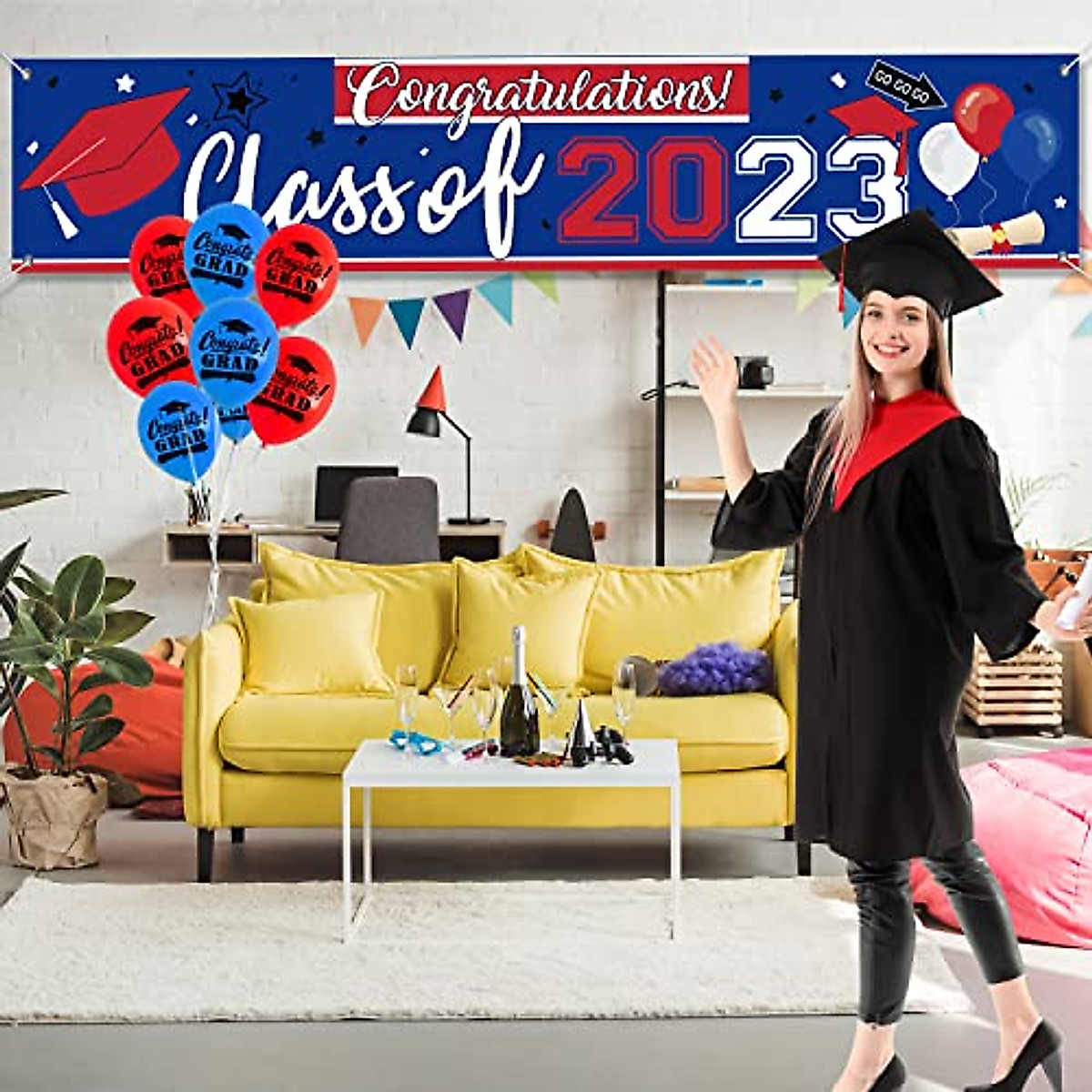 Class of 2023 Graduation Decorations Blue and Red Graduation Banner Large Congratulations Backdrop and 8pcs Congrats Grad Balloons College Graduation Party Graduation Decorations 2023