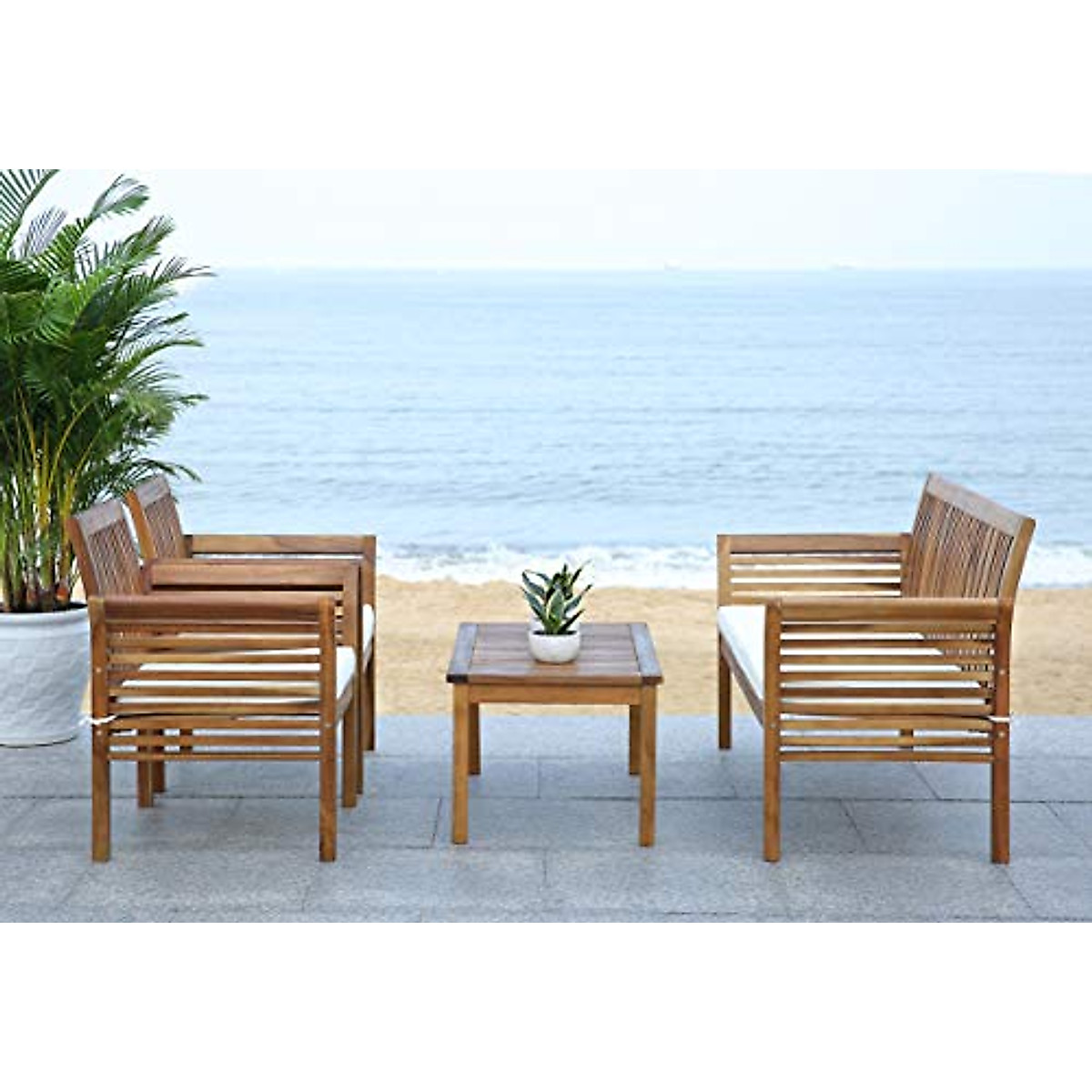 SAFAVIEH Outdoor Collection Carson Natural/ Beige Cushions 4-Piece Conversation Patio Set