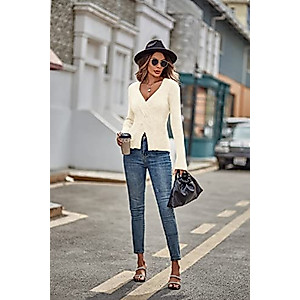 ZAFUL Women's Criss Cross V Neck Sweaters 2024 Dressy Casual Front Slit Ribbed Knit Pullover Sweater Jumper Tops Cream