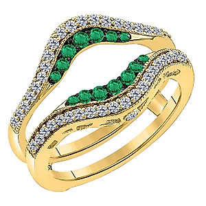 Jewelryhub 14k Yellow Gold Plated Sterling Silver Double Row Pave Set Classic Style Halo Engagement Wedding Enhancer Ring Guard with CZ Green Emerald