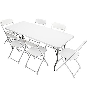 VINGLI 6 FT Plastic Folding Table Set with 6 White Folding Chairs for Picnic, Event, Training, Outdoor Activities, at Home and Commercial Use
