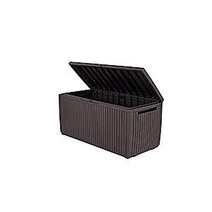 Keter Springwood 80 Gallon Resin Outdoor Storage Box for Patio Furniture Cushions, Pool Toys, and Garden Tools with Handles