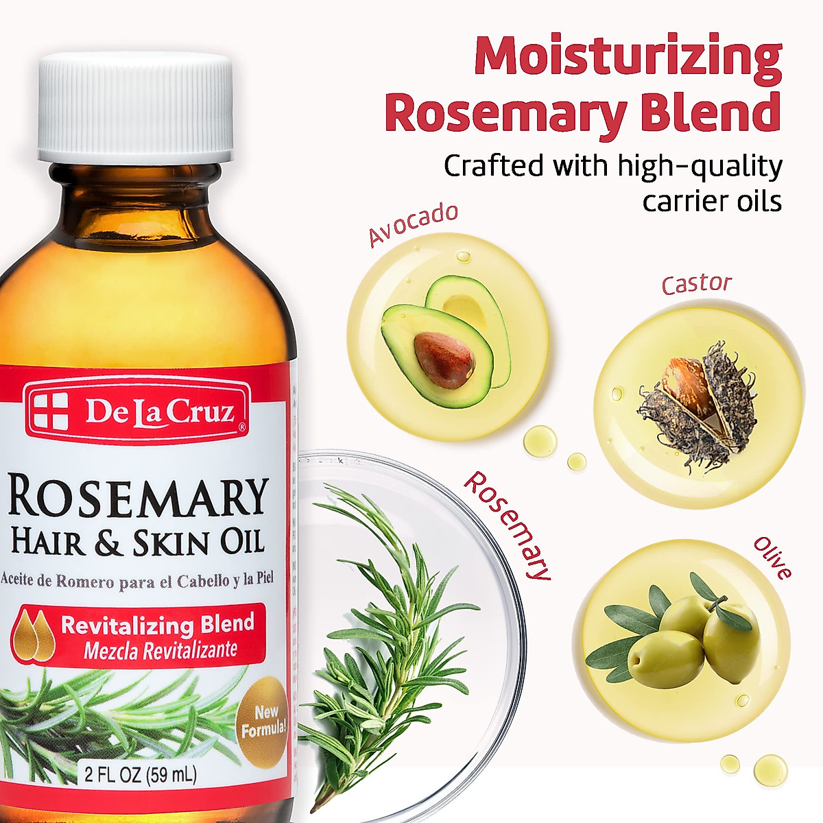 De La Cruz Rosemary Oil Blend Moisturizer with Castor, Avocado and Olive Oil - Topical Use Only 2 FL. OZ. (59 mL)
