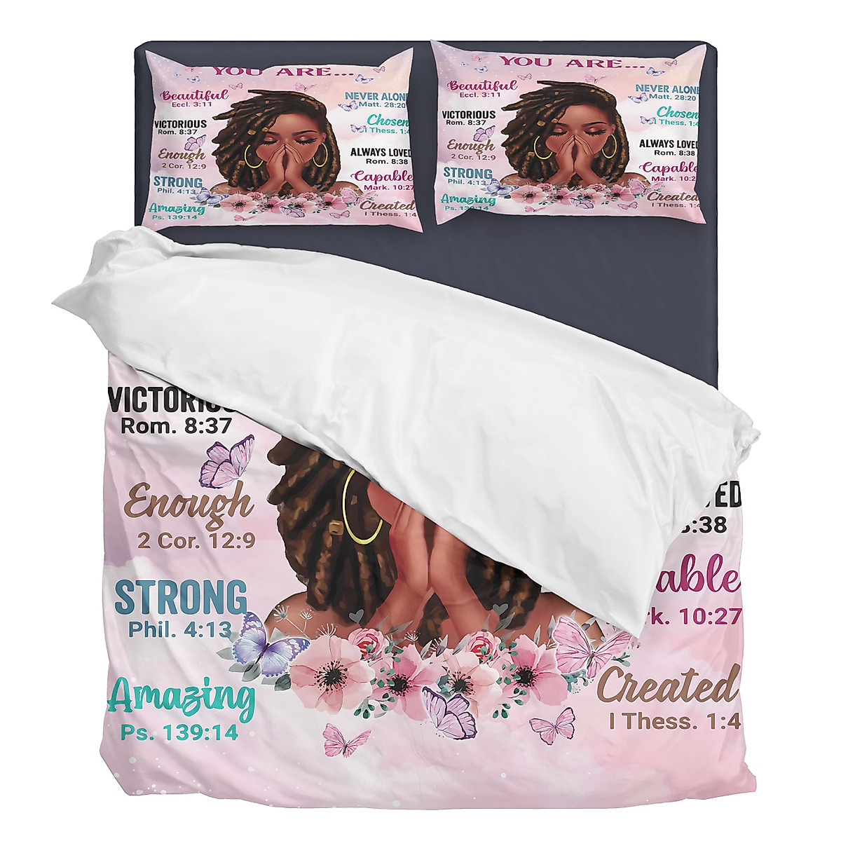 TRENDYNEST Kids Comforter Sets Queen Size, Prayer Girl and African American Girl Inspirational Quotes with Floral Butterfly, Teens Bedding Sets for Girls Women (Queen, Pink White)