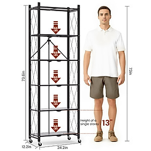 ALANNG 73.6 Inch Folding Bookshelf, 6 Tier Metal Bookcase and Bookshelves, Tall Shelves for Living Room Office Bedroom, Heavy Duty Book Shelve Free Standing Open Bookshelve (Black, 2PACK)