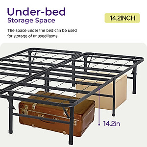 Bed Frame, Foldable Metal Platform Bed Frame Mattress Foundation Box Spring Replacement Heavy Duty Steel Slat Classic Metal for Home, Office, 14 Inch High, Black, King