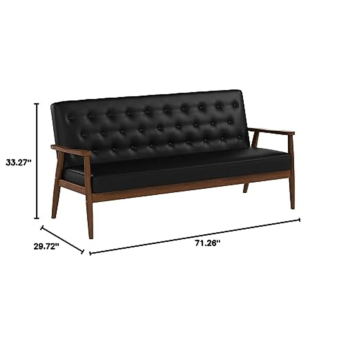 Baxton Studio Sorrento Mid-Century Retro Modern Faux Leather Upholstered Wooden 3-Seater Sofa, Black