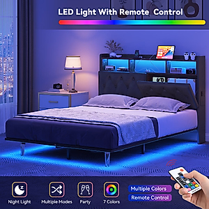 YITAHOME Full Floating Bed Frame with LED Lights, Platform Bed Frame with USB and Type C Ports Button Tufted Headboard, Upholstered Platform Bed with Bag, No Box Spring Needed, Noise Free, Black