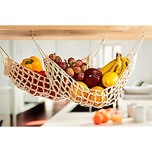 2 Pack Hanging Fruit Hammock - 2 Handwoven Cotton Produce, Banana, Macrame Fruit Hammocks For Kitchen Under Cabinet + 4 PCS Hooks - Storage That Saves Counter Space at Home, Boat, or Rv