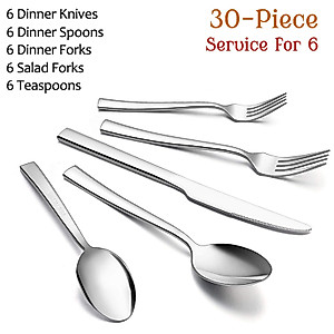 30-Piece Silverware Set, E-far Stainless Steel Flatware Set Service for 6, Modern Tableware Cutlery Set for Home and Restaurant, Square Edge & Mirror Finish, Dishwasher Safe