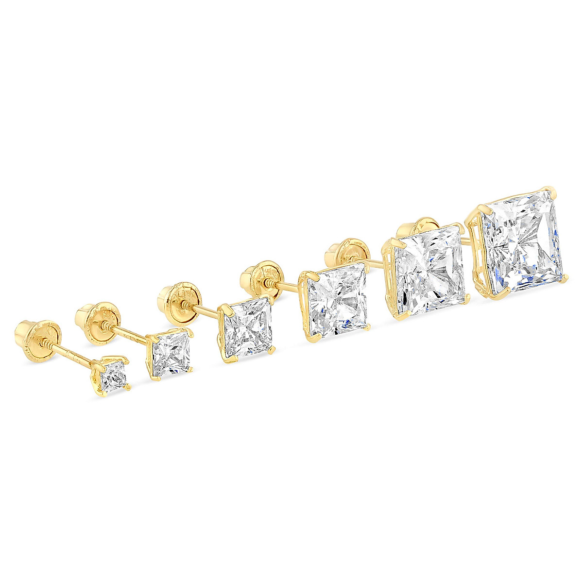 14K Gold Square Solitaire Princess Cut Cubic Zirconia CZ Stud Earrings with Screw Backs in Yellow OR White (0.1-1.75 carats)