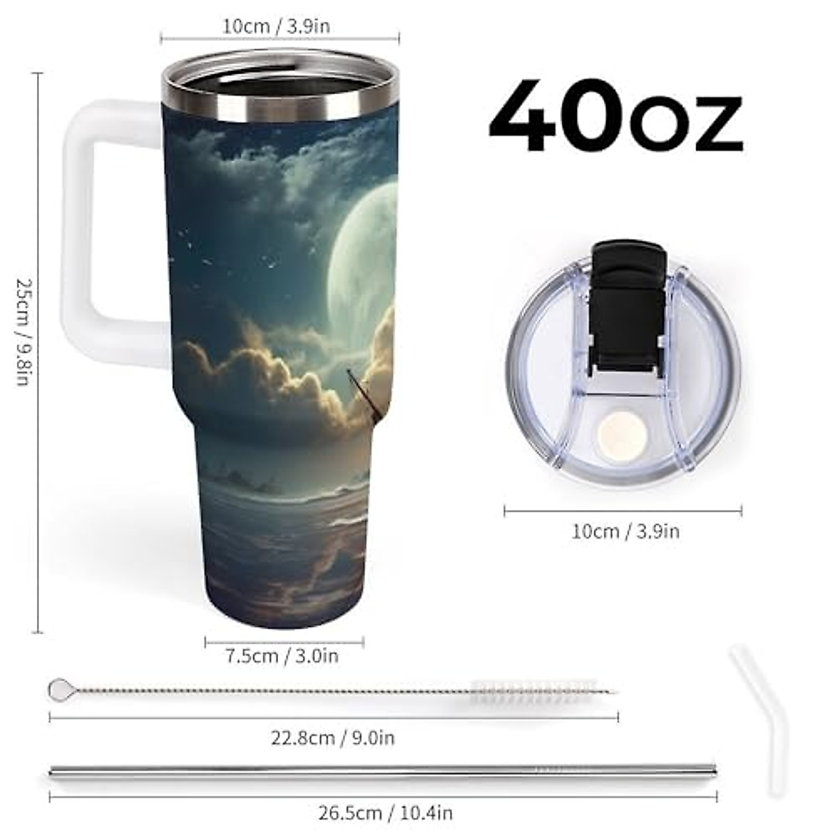 40 Oz Sailing Ship Insulated Stainless Steel Tumbler with Handle & Straw Lid, Reusable Travel Cupholder Friendly Mug for Coffee, Water, Tea