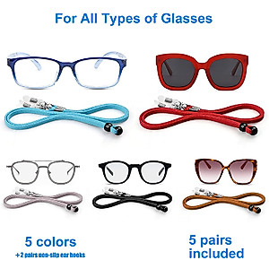 HMLFTIE 5pcs Eyeglass Strap Women Men Adjustable Anti Slip Leather Eyewear Retainers Sunglasses and Reading Eyeglass Lanyard (Black Red Brown Grey Blue)