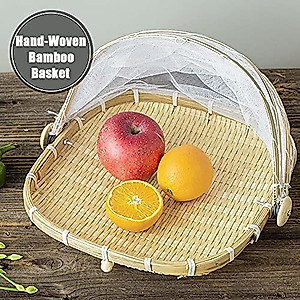 Food Bamboo Food Serving Tent Basket Hand-Woven Basket Serving Dustproof Picnic Basket Vegetable Fruits Bread Food Home Square Food Storage Basket with Mesh Gauze Cover Container