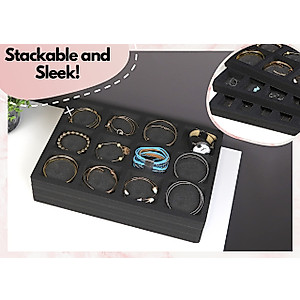 Polar Whale Stackable Jewelry Tray Display Organizer Grid for Home Bedroom Dresser Bathroom Vanity Drawer Durable Elegant Black Foam 14 x 10 Inches Bracelet Ear Ring Necklace and More 3 Piece Set