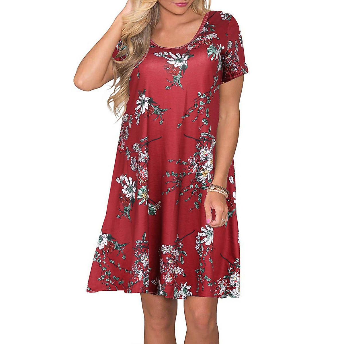 FZ FANTASTIC ZONE Women's Casual Summer T Shirt Dresses Short Sleeve Swing Dress with Pockets Floral Wine Red